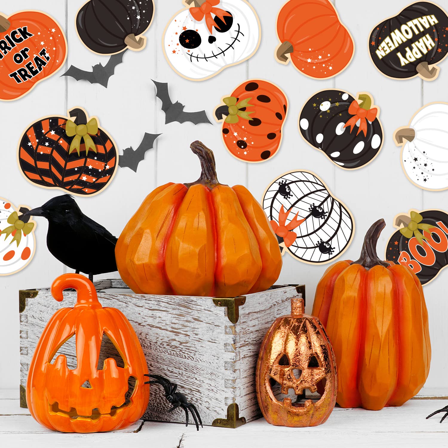 Quera 120Pcs Pumpkin Classroom Bulletin Board Decorations Halloween Cutouts Farmhouse Accents with Glue Point Dots for Halloween Fall Home Decoration Happy Halloween, Boo, Trick Or Treat,Spider