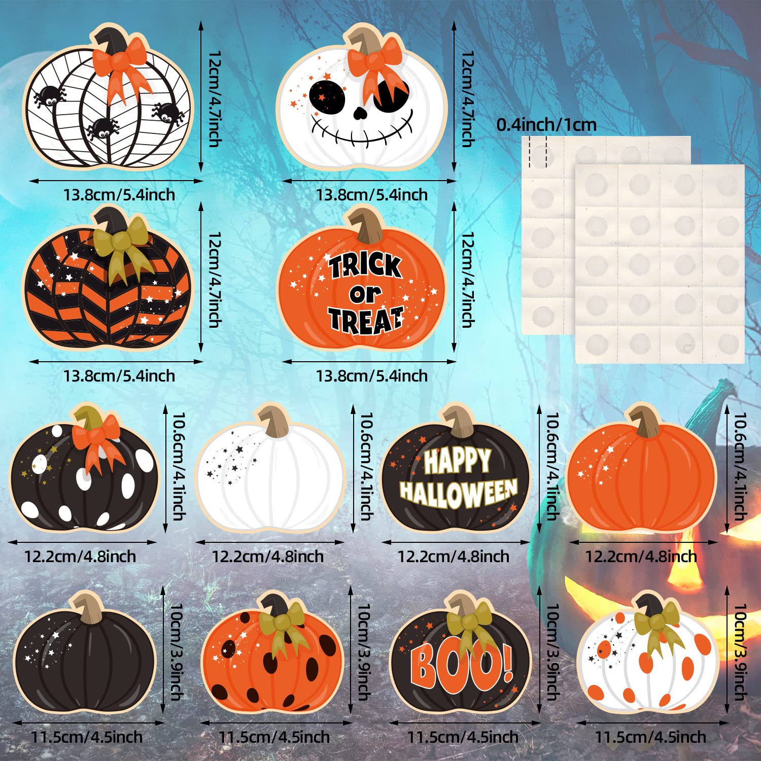 Quera 120Pcs Pumpkin Classroom Bulletin Board Decorations Halloween Cutouts Farmhouse Accents with Glue Point Dots for Halloween Fall Home Decoration Happy Halloween, Boo, Trick Or Treat,Spider