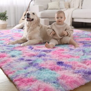 lochas luxury fluffy rainbow area rug for girls bedroom 4x6, soft fuzzy kids rugs for bedroom boys playroom, cute colorful tie dye princess carpet for nursery living room home decor, pink/purple