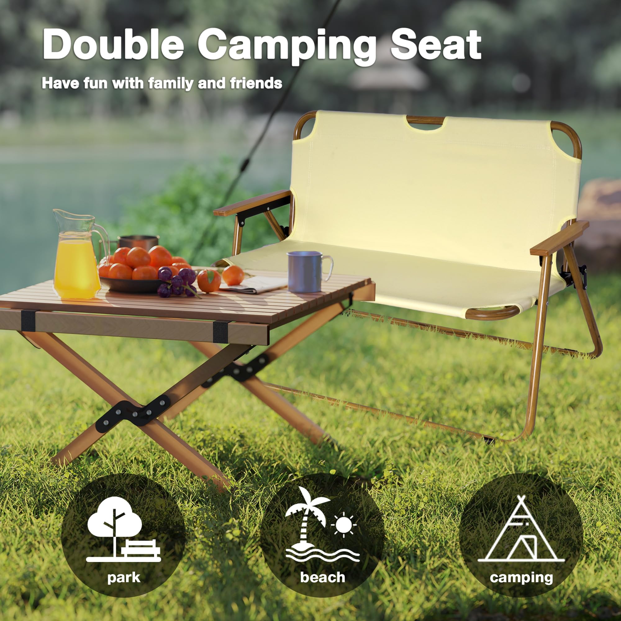 Fadidio Patio Loveseat 2-Person 45" Outdoor Loveseats Folding Camping Bench Double Chair Foldable Lounge Furniture Chair with Wooden Armrest Portable for Garden,Patio,Terrace,Fishing,Picnic,Park,