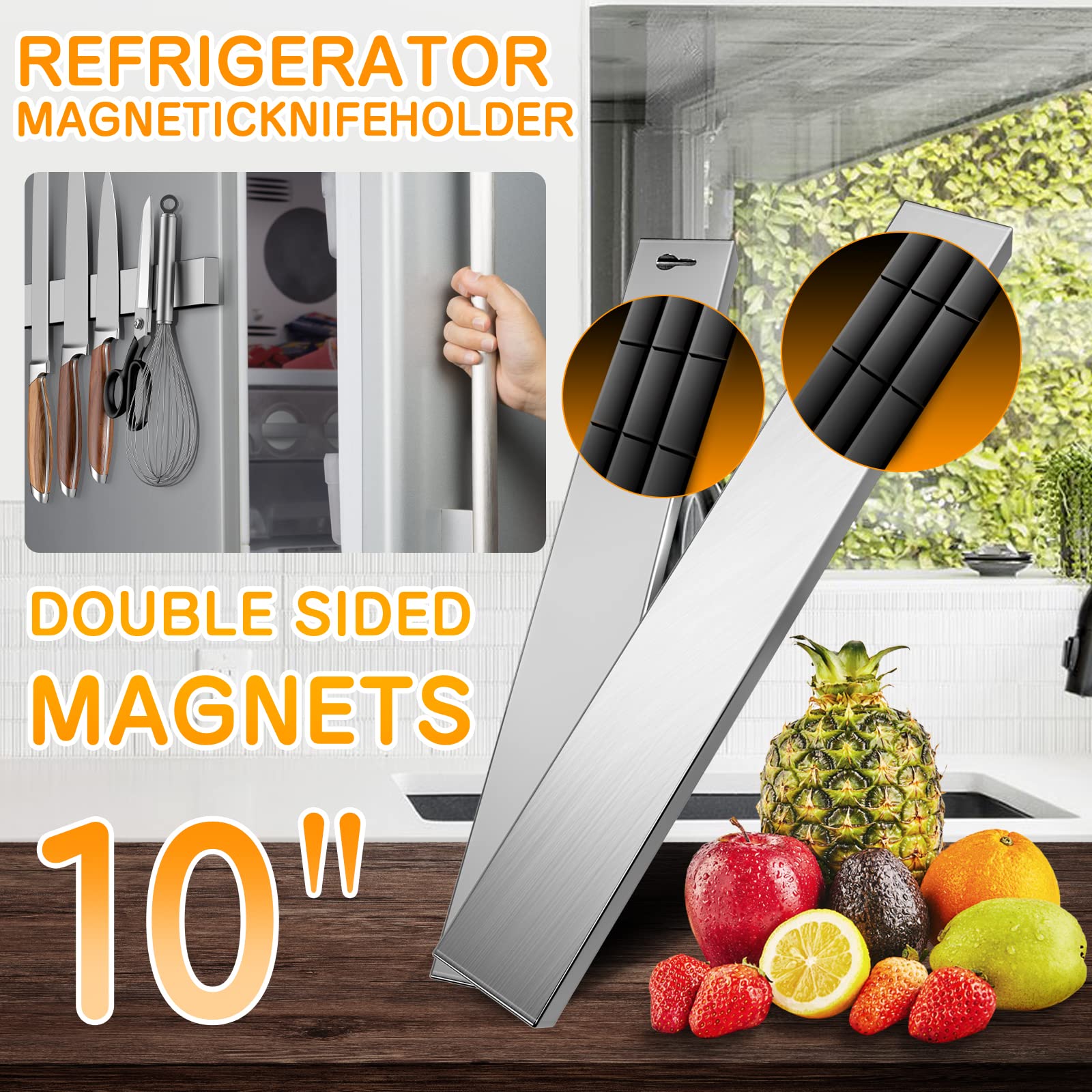 Ninonly 10 Inch Magnetic Knife Holder for Refrigerator, Stainless Steel Double Sided Magnet Knife Strip for Wall, No Drilling Magnetic Knife Rack with Powerful Magnetic Pull Force Fridge Applicable