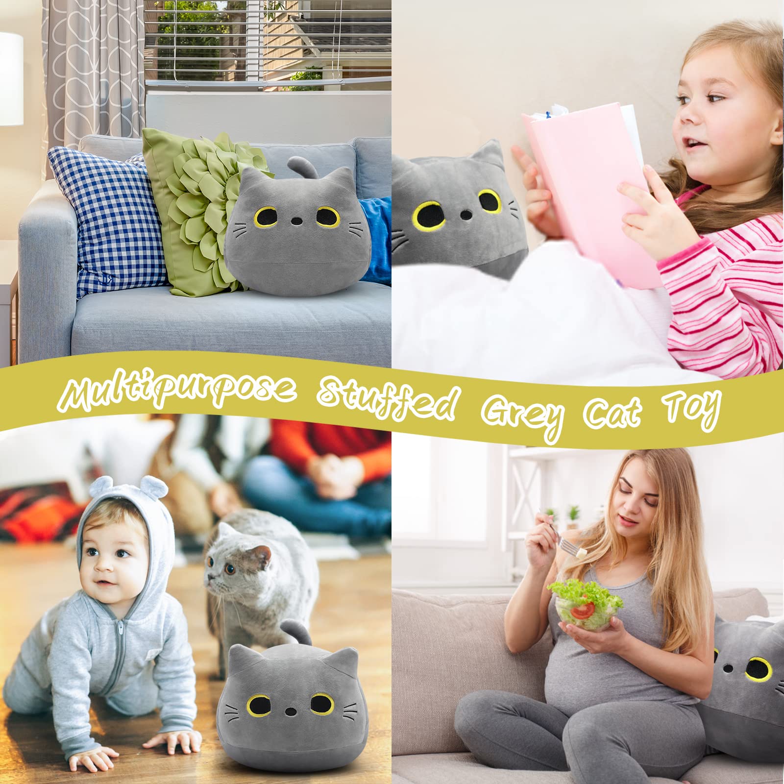 Gray Cat Plush Pillows Toys, 12" Kawaii Gray Cat Stuffed Animals Plush Toys, Cute Soft Cat Plushie Gray Cat Pillow Stuffed Cat Toys for Birthday Christmas Halloween Kids Gifts Home Car Decoration