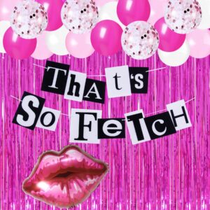 homezzo mean girls party decorations - that's so fetch felt banner, hot pink tinsel curtain, lip balloon for y2k hot pink bridal shower wedding girls birthday bachelorette party supplies