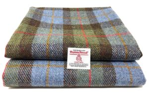 traditional harris tweed macleod tartan pure wool woven fabric with authenticity labels (blue and green, 100 x 75cm)