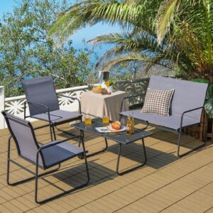 tangkula 4 pieces patio furniture set, outdoor conversation set with tempered glass coffee table, metal frame, breathable fabric, indoor & outdoor chat set of 4, for patio, poolside, garden (gray)