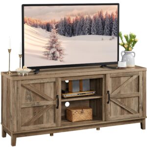 yaheetech tv stand entertainment center for 55 65 inch tv, farmhouse storage tv console cabinet with barn doors for living room, rustic oak