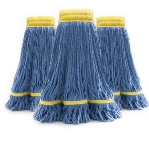 matthew cleaning products 3pack mop heads commerical grade cotton loop-end heavy duty string mop refills,6'' headband large wet industrial mop head replacement machine washable (blue)