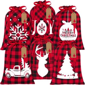 aneco 6 pieces christmas drawstring gift bags red and black plaid drawstring bags with 24 kraft paper tags and 16 feet rope cotton xmas gift bags for christmas party supplies, 16 x 12 inch