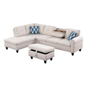 devion furniture polyester fabric sectional sofa with lift-top storage ottoman, tufted design, in beige finish