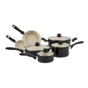 amazon basics 11-piece ceramic non-stick pots and pans set, dishwasher & oven safe, non-toxic, easy clean, black/cream