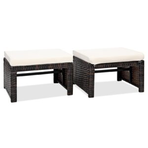 relax4life 2-piece wicker outdoor ottoman, rattan footrest set of 2 with removable cushions, 3-in-1 foot stool, side table & additional seating, outdoor footstools for patio backyard (white)