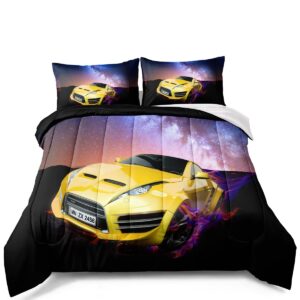 bducok cool racing car comforter set queen size,sports car bedding set for kids boys teen adult extreme speed race bedding sets car theme bedroom decor (car 30012-queen size 1comforter 2pillowcases)