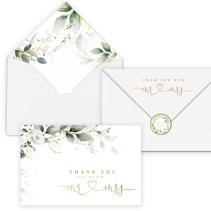 amnadof 100 wedding thank you cards with envelopes & stickers | bulk mr and mrs thank you notes blank on the inside | greenery & gold foil thank you from the new mr & mrs.