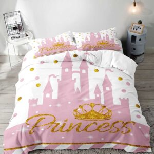 luvivihome 3pcs pink bedding, white duvet cover full, kids bedding, gold glitter crown castle fairy tale princess comforter bedspread quilt cover, pink room decor for teen girls bedding 2 pillow shams