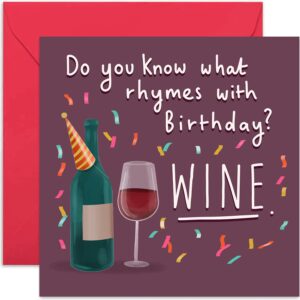 old english co. rhymes with wine birthday card - funny drink alchohol greeting card for her and him| birthday wishes and celebrations for women and men | blank inside & envelope included