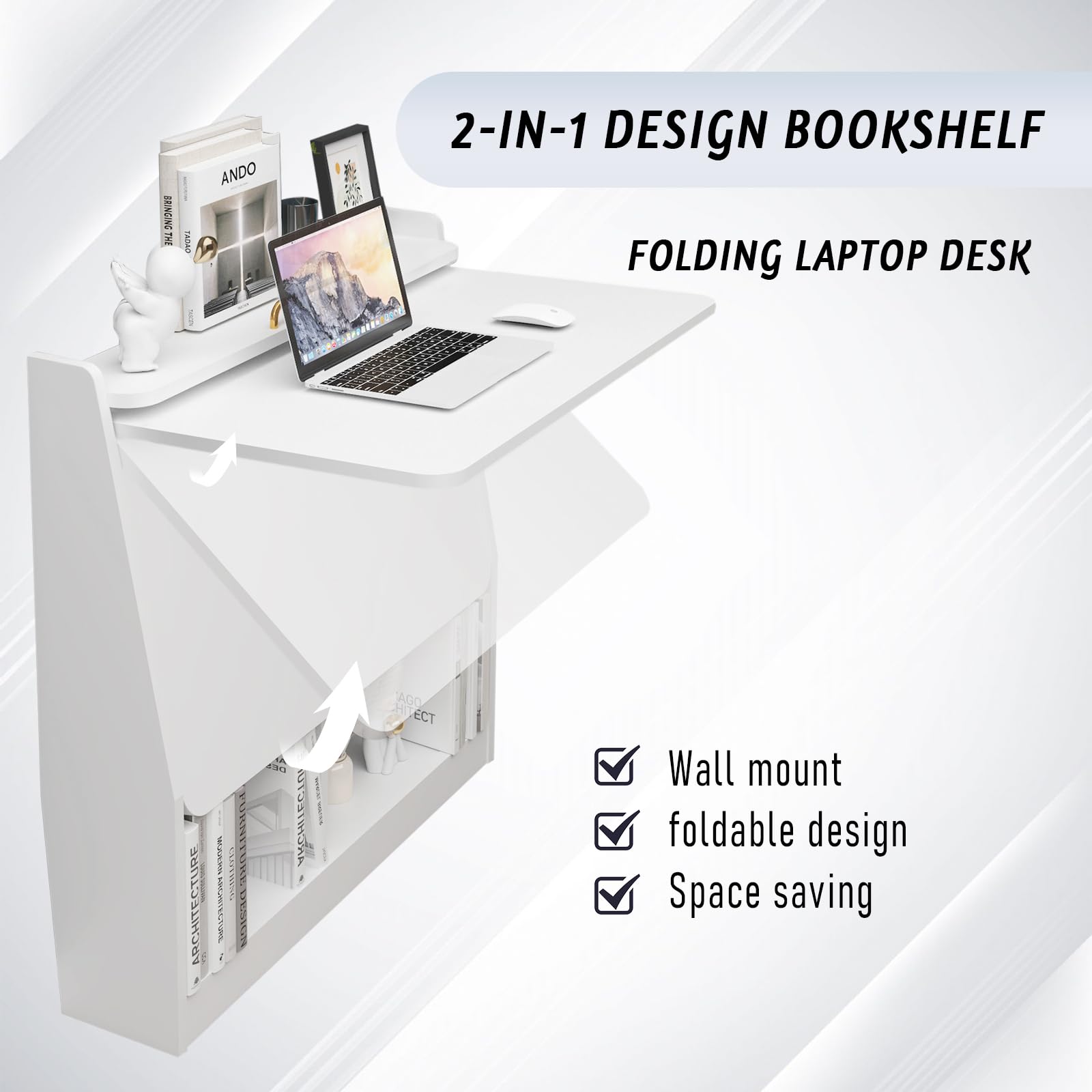 Pmnianhua Wall Mounted Desk, Wooden Folding Desk Space Saving Wall Desk with Storage Shelf Study Writing Table for Small Space (White)