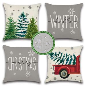 jojogogo grey outdoor christmas pillow covers 18x18 waterproof set of 4 gray winter holiday pillow covers farmhouse christmas decorations for couch porch and outdoor furniture