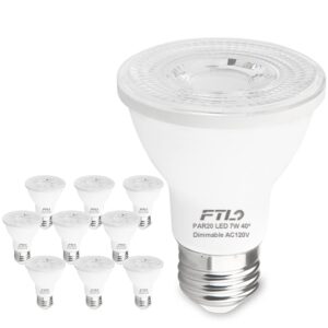 ftl par20 led bulbs 5000k daylight white, 7w 600lm 50w 60w equivalent, dimmable spot light bulb, e26 base, indoor outdoor flood light, 10-pack