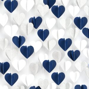 navy-blue white silver 3d-heart garland - 39ft graduation hanging decoration streamers banner,bridal birthday engagement bachelorette baby shower christmas baby shower valentines party decor ouruola