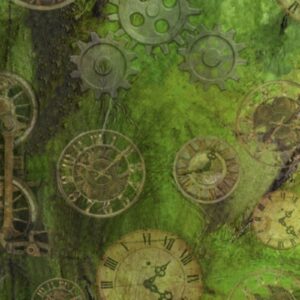 qt fabrics steampunk express by desiree's designs 29068 g green gear clock toss