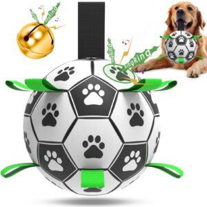 qdan dog soccer balls toy with bell inside, outdoor interactive dog toys for tug of war, puppy birthday gifts, dog water toy, durable ropes squeaky soccer dog ball for medium and large dogs （8 inch）