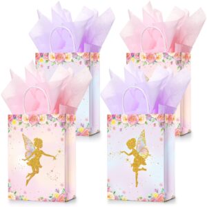 16 pieces floral fairy gift bags with tissue paper pink and purple floral fairy goodie gift treat bags spring themed bags butterfly baby girl paper bags for girl kid birthday baby shower party