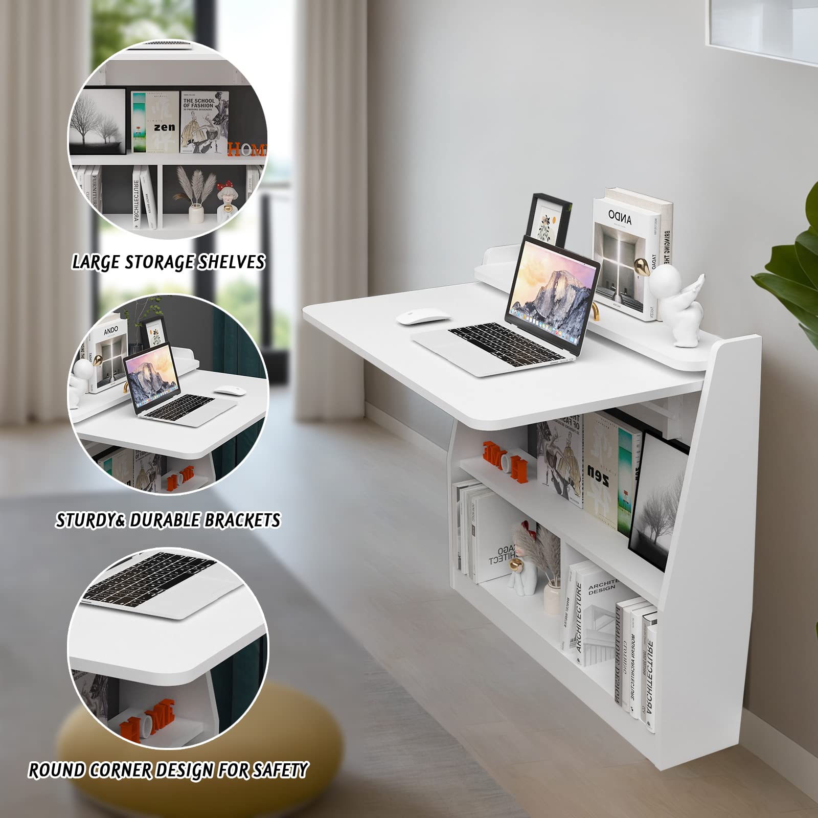 Pmnianhua Wall Mounted Desk, Wooden Folding Desk Space Saving Wall Desk with Storage Shelf Study Writing Table for Small Space (White)