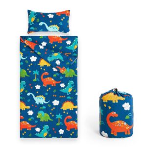 wake in cloud - sleeping bag zippered, nap mat with matching pillow for kids boys girls sleepover overnight travel slumber bag, dinosaurs printed on navy blue, 100% cotton with microfiber fill