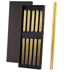 oiulo gold stainless steel chopsticks - reusable chopsticks - 5 pairs dishwasher safe metal chopsticks - easy to use - pressure line lightweight chop sticks- gift set（9 inch ）