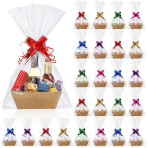 canlierr 24 sets empty gift basket set basket for gifts empty 8 x 6 x 3 inches kraft market tray cardboard basket with handles, bags, and multicolor bows for wedding birthday easter