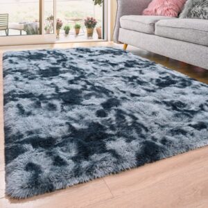 qxkaka soft fluffy 4x6 rug for bedroom living room, large throw rugs fuzzy shag area rug for boys kids room, non-slip tie dye carpet, plush modern home decor, blue grey