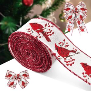 acsenceter red cardinal with berry white patterned wired ribbon for christmas tree decorations, gift wrapping, wedding parties, garlands and diy crafts 2.5" x 10 yards christmas ribbon