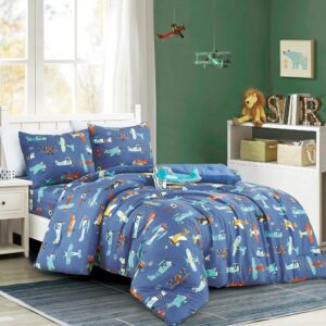 blue airplanes print comforter set for boys girls teen. twin size bedding for kids room. include twin comforter fitted sheet, pillow sham and plush airplane pillow (airplane, twin)