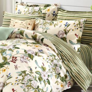 fadfay shabby floral bedding set queen size 7pcs 100% cotton green cream flower bed sheets with duvet cover set, complete bedding bed in a bag vintage countryside ultra soft deep pocket fitted sheets