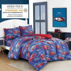 Red Race Cars print Comforter Set for Boys Girls teen, Twin size bedding for race car fan, include comforter fitted sheet, pillow sham and plush car shape pillow (Race Car Red, Twin)