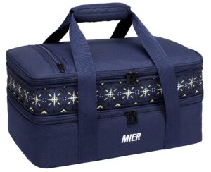 mier insulated double casserole carrier bag for lasagna lugger, potluck parties, picnic, beach, fits 9 x 13 inches baking dish, casserole dish, expandable, dark blue