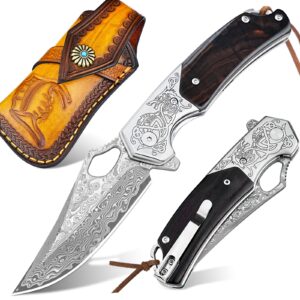 nedfoss damascus pocket knives for men, handmade forged vg10 damascus steel folding knife with leather sheath, sandalwood handle, pocket clip, cool knives gifts for men edc (pterosaur