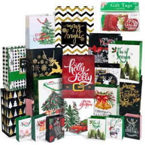 party funny 24 christmas gift paper bags bulk with handles and 60 count christmas gift tags-assorted sizes set for wrapping xmas holiday presents(6 jumbo,6 large,6 medium,6 small)