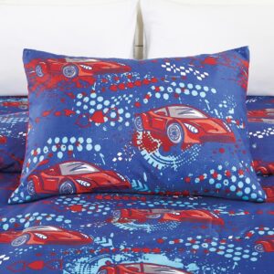 Red Race Cars print Comforter Set for Boys Girls teen, Twin size bedding for race car fan, include comforter fitted sheet, pillow sham and plush car shape pillow (Race Car Red, Twin)