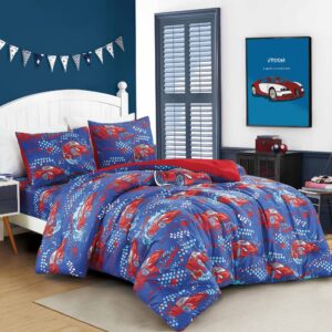 red race cars print comforter set for boys girls teen, twin size bedding for race car fan, include comforter fitted sheet, pillow sham and plush car shape pillow (race car red, twin)