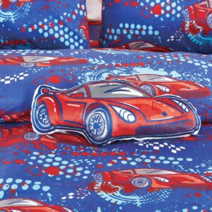 Red Race Cars print Comforter Set for Boys Girls teen, Twin size bedding for race car fan, include comforter fitted sheet, pillow sham and plush car shape pillow (Race Car Red, Twin)