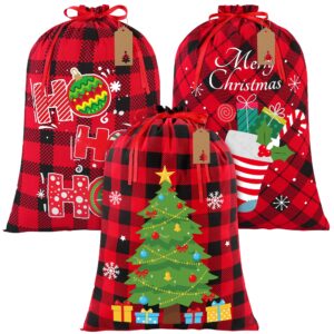 aneco 3 pieces christmas drawstring gift bag buffalo plaid fabric bag with drawstring reusable gift wrapping bags with 24 kraft paper tags and rope for christmas party supplies, 17.7 x 23.6 inches