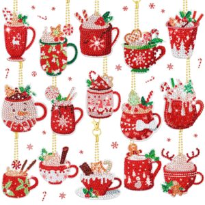 15 pieces christmas diamond painting keychain diamond painting ornaments 5d diy diamond painting keychain hot cocoa christmas diamond art ornaments for kids christmas diy crafts family decor (cute)