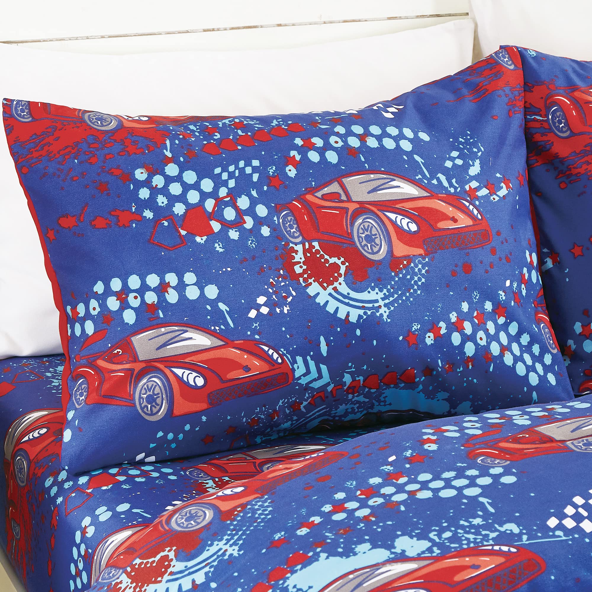 Red Race Cars print Comforter Set for Boys Girls teen, Twin size bedding for race car fan, include comforter fitted sheet, pillow sham and plush car shape pillow (Race Car Red, Twin)