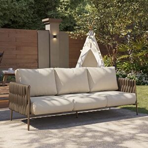 east oak life chatter outdoor sofa, outdoor furniture 3 seats with waterproof thick cushions, modern patio sofa deep seating for outdoor garden porch blackyard, chestnut brown & creamy apricot