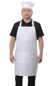 alipobo bib aprons set for women and men, kitchen chef apron with 2 pockets and 40" long ties, plus size adjustable apron and hat for cooking - 32" x 28" - white