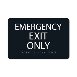 alpha dog ada signs - emergency exit only sign with braille for your business, 6x9 inch, ada compliant, indoor or outdoor, easy installation, made in the usa, black