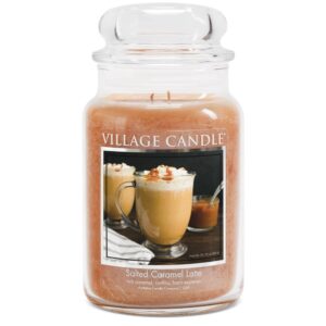 village candle salted caramel latte, large glass apothecary jar, scented candle 21.25 oz