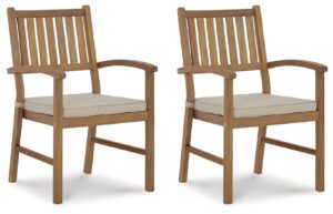 signature design by ashley janiyah outdoor acacia wood arm chair & cushion set, 2 count, light brown