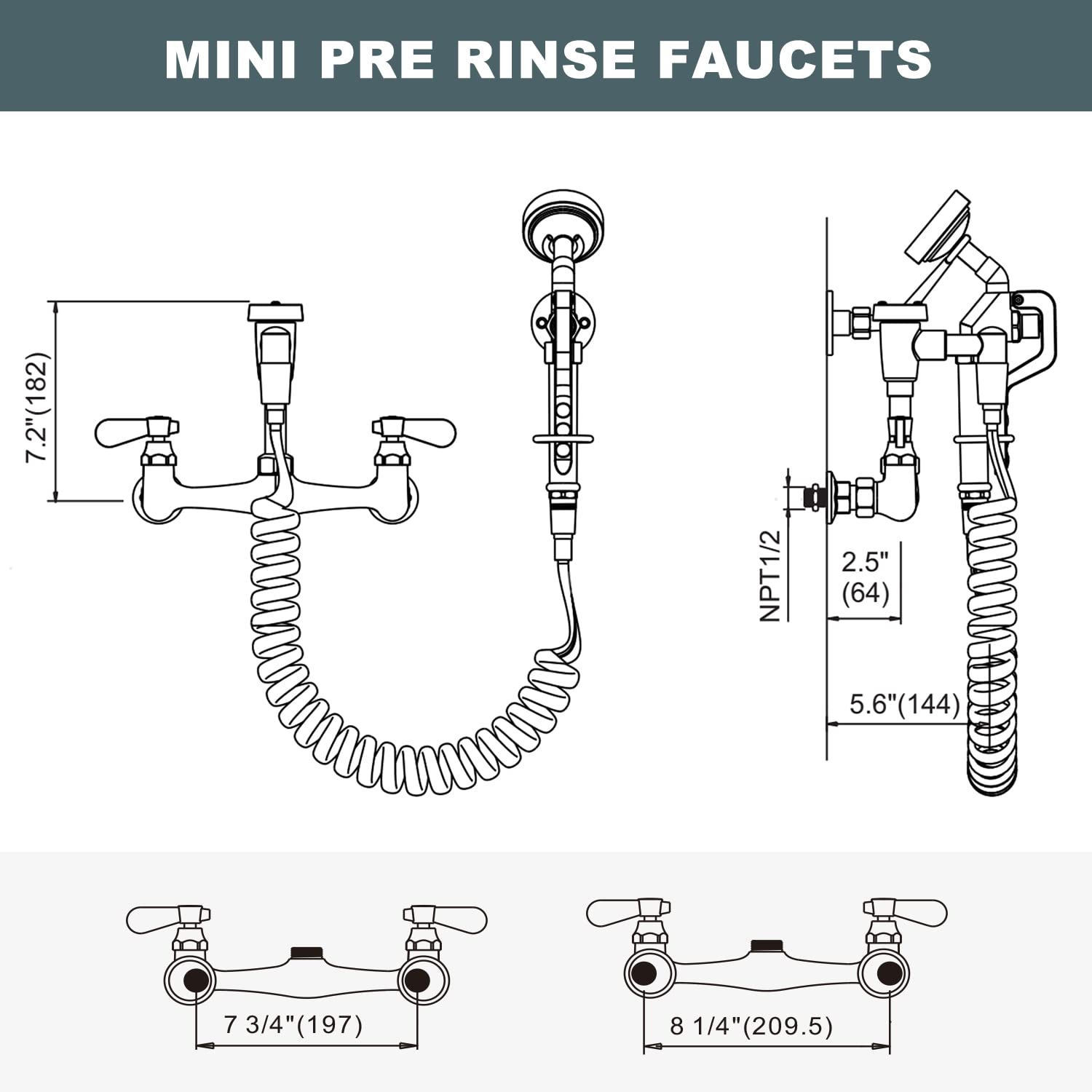 IVIGA Pet Grooming Faucet, Wall Mount 8" Centers Mixing Faucet, Brass Pet Grooming Unit with Aluminum Spray Valve, Coiled Hose, Vacuum Breaker, Lever Handles for Shower Bathroom Garden Outdoors Sink